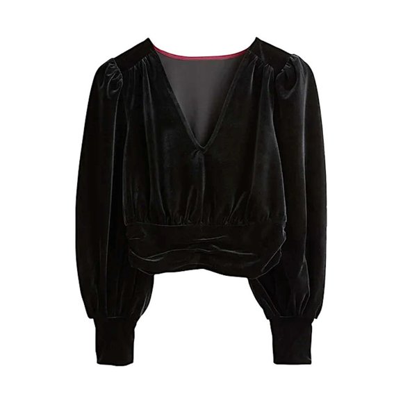 Tops | Boden Vneck Cropped Velvet Long Sleeve Blouse Nwt | Poshmark